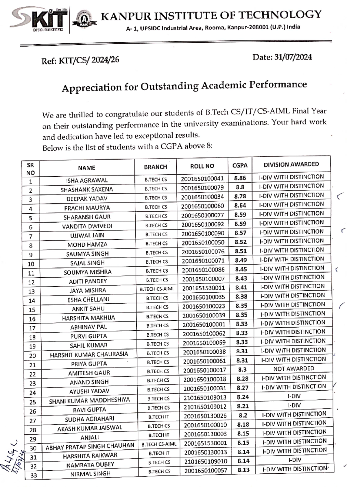 Dept Notice - Yeee - Estd 2004 KIT KANPUR INSTITUTE OF TECHNOLOGY SO ...