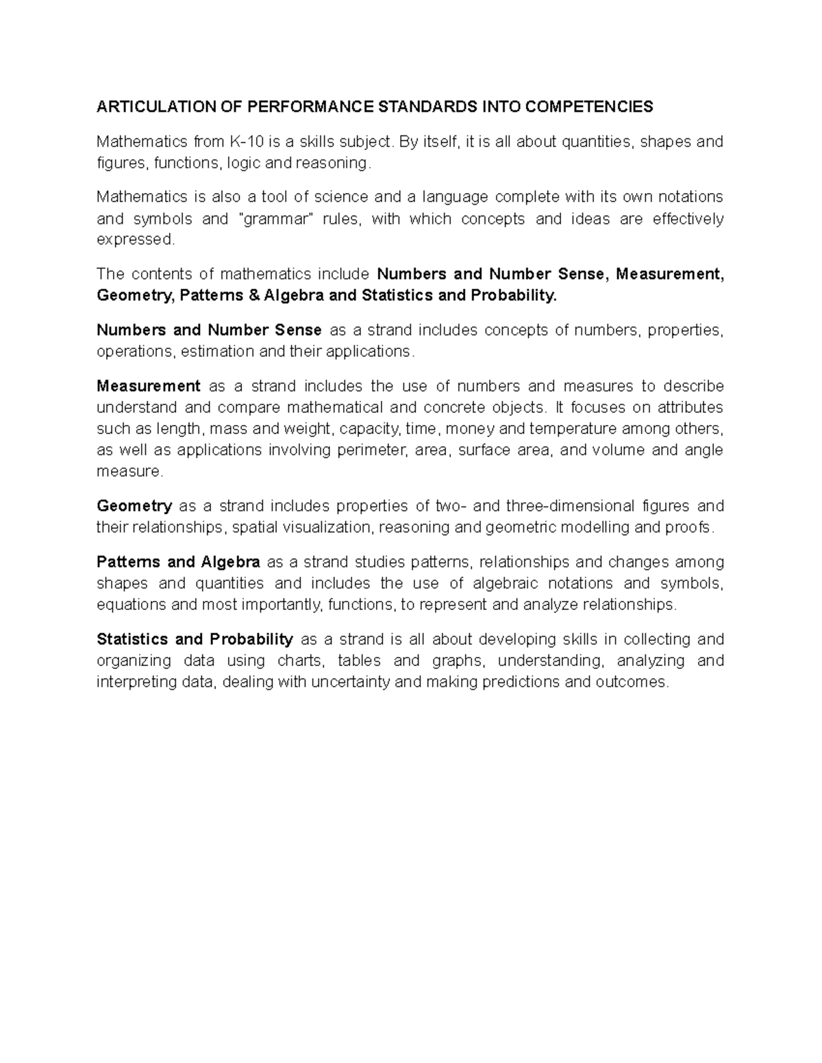 Articulation of Performance Standards into Competencies - ARTICULATION OF PERFORMANCE STANDARDS ...