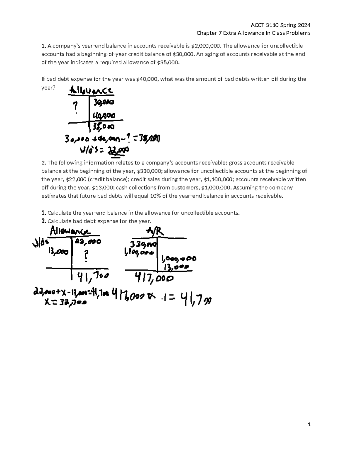 Chapter 7 Extra Allowance Practice Problems - ACCT 3110 Spring 2024 ...