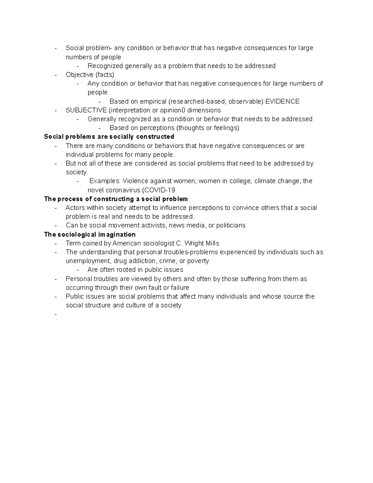 Sociology notes - Social problem- any condition or behavior that has ...