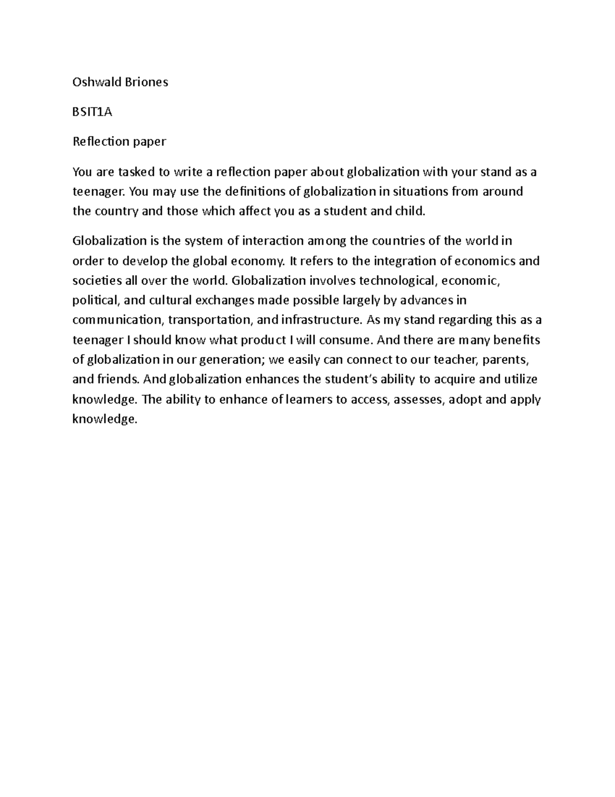 Oshwald Briones Contemporary world - Oshwald Briones BSIT1A Reflection ...