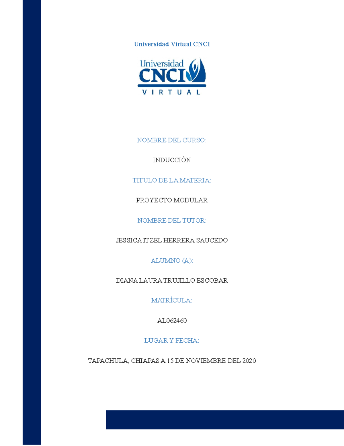 Proyecto Modular - Universidad Virtual CNCI NOMBRE DEL CURSO: INDUCCIÓN TITULO DE LA MATERIA ...