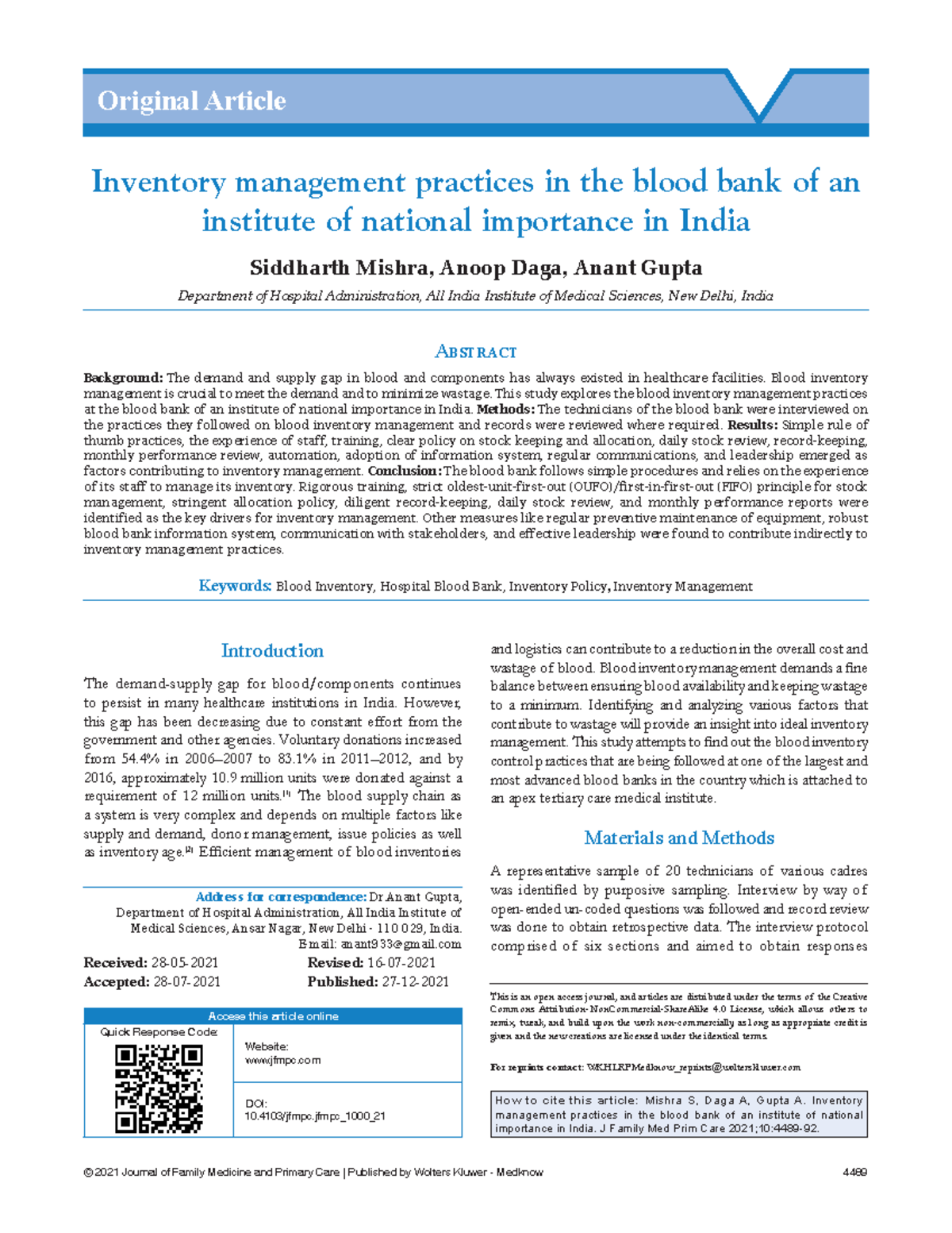 Inventory management practices in the blood bank - © 2021 Journal of ...