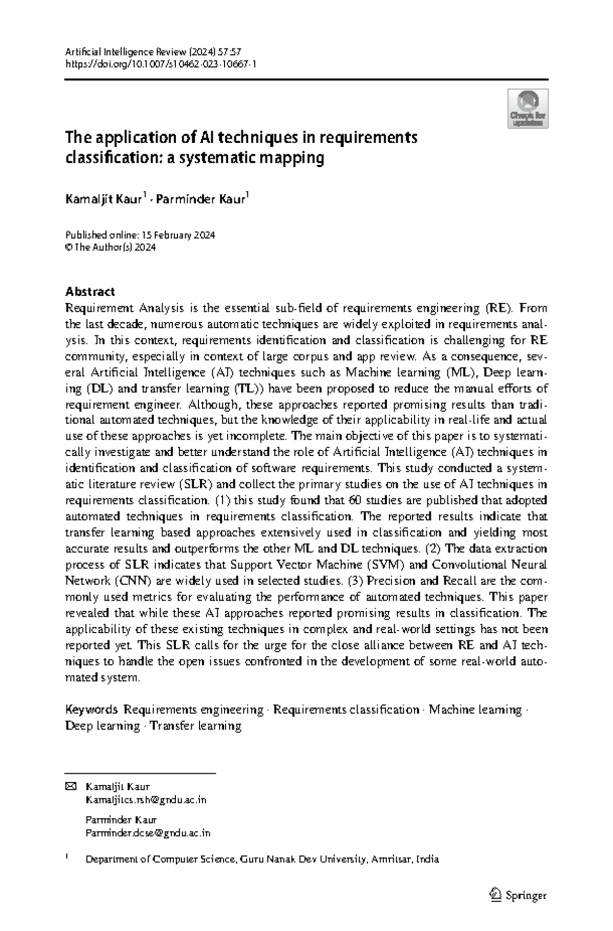 S10462 023 10667 1 - 1 One case study on AI applications published in IEEE/ACM/Springer or any ...
