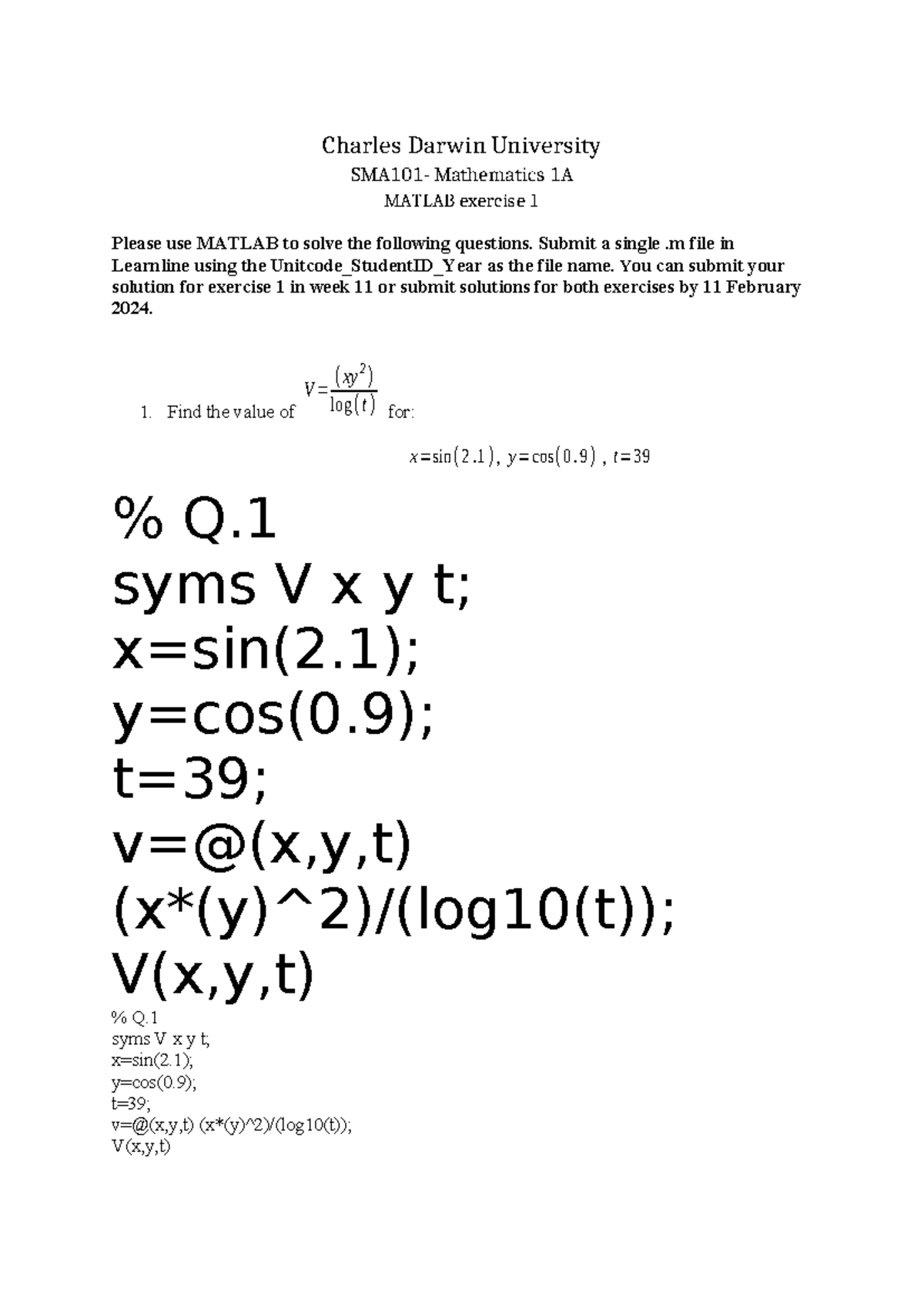 SMA101-Matlab-Exercise 1 - Charles Darwin University SMA101- Mathematics 1A MATLAB exercise 1 ...