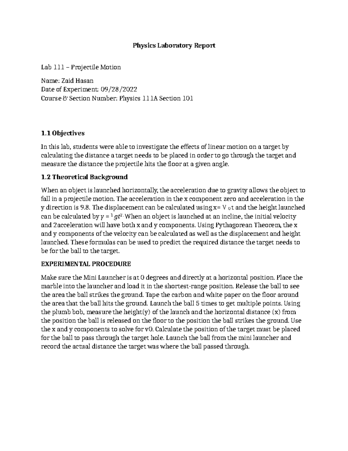 LAB 111 A Projectile Motion - Physics Laboratory Report Lab 111 ...