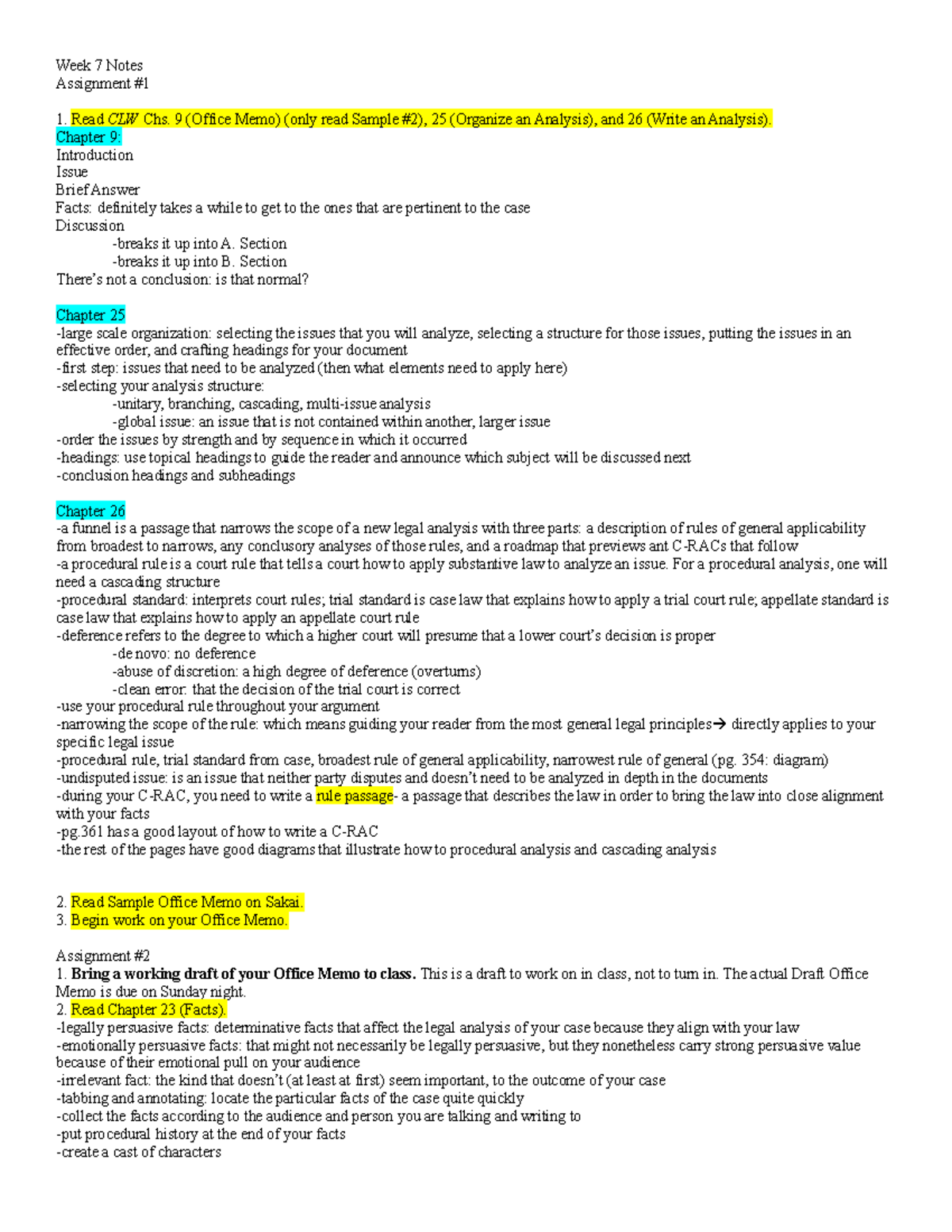 Week 7 Notes - Week 7 Notes Assignment # Read CLW Chs. 9 (Office Memo ...