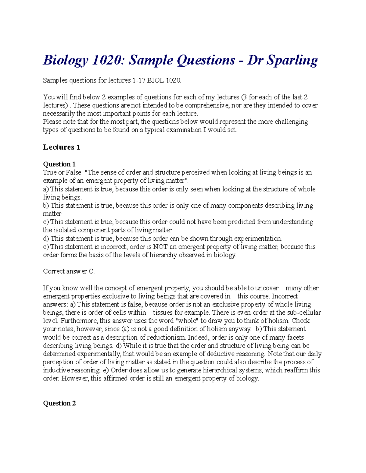 Sample/practice exam 2 2014, questions and answers - Biology 1020 ...