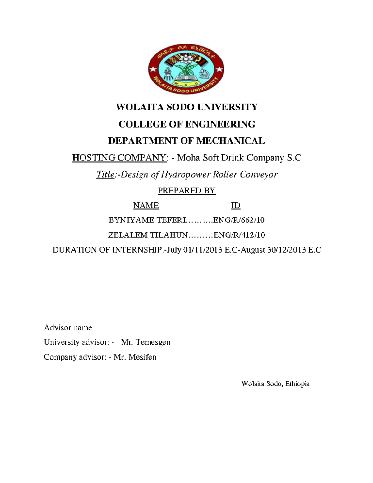 Internship project pdf - WOLAITA SODO UNIVERSITY COLLEGE OF ENGINEERING ...