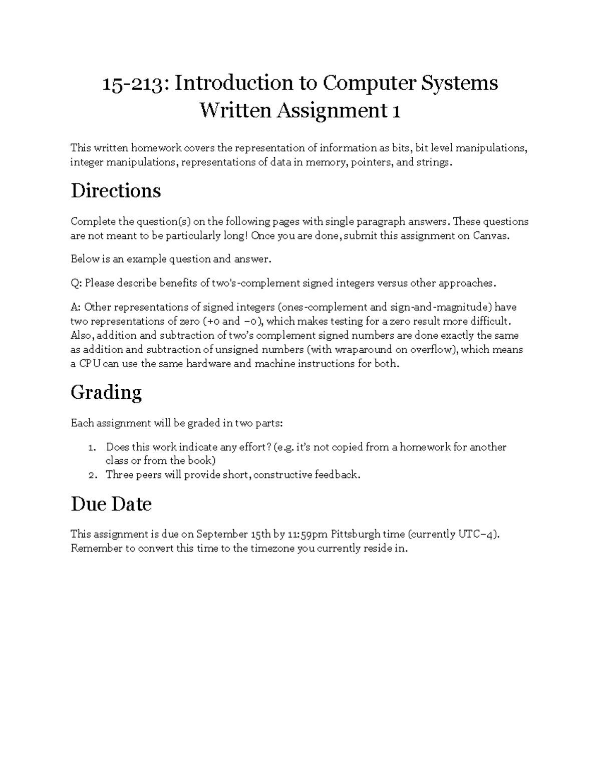 Written Assignment 1-1 - 15-213: Introduction to Computer Systems ...