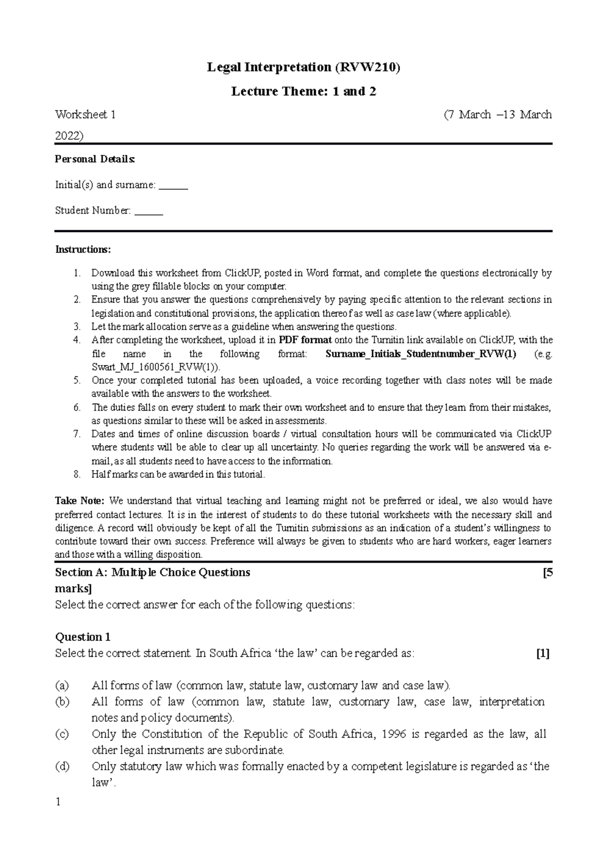Worksheet 1 - Click UP - Legal Interpretation (RVW210) Lecture Theme: 1 ...