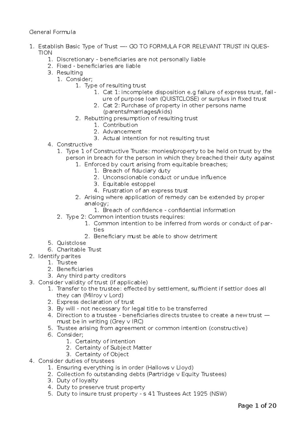Trusts Notes Table - General Formula Establish Basic Type of Trust ...