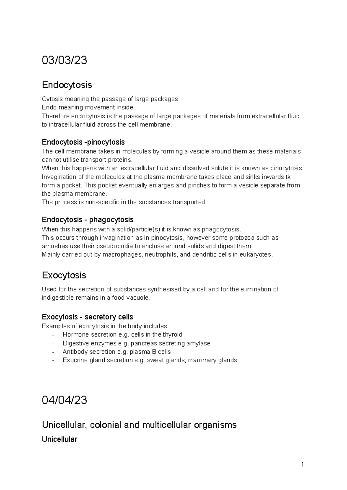 Bio - 03/03/ Endocytosis Cytosis meaning the passage of large packages ...