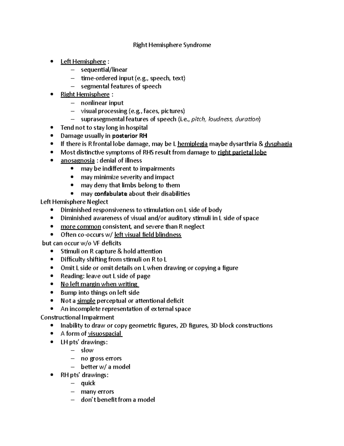 Right Hemisphere Syndrome - , speech, text) - segmental features of ...