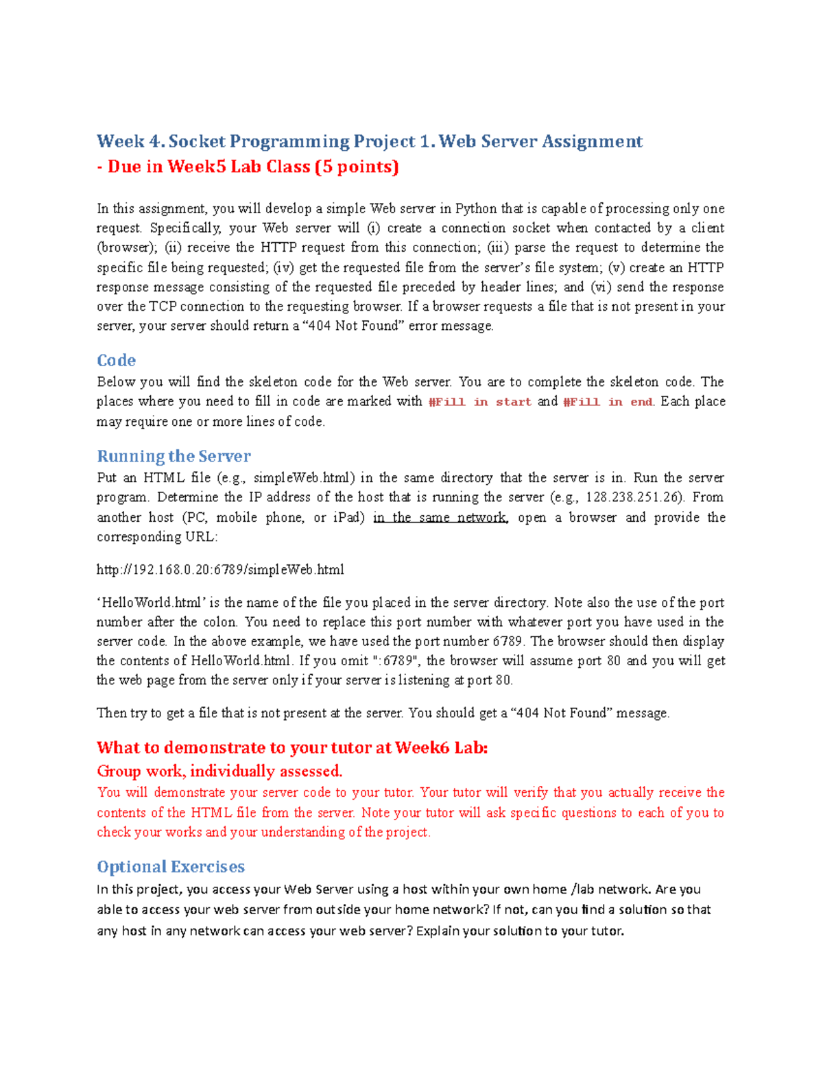 Project 1-Task Sheet-Web Server - Week 4. Socket Programming Project 1. Web Server Assignment ...