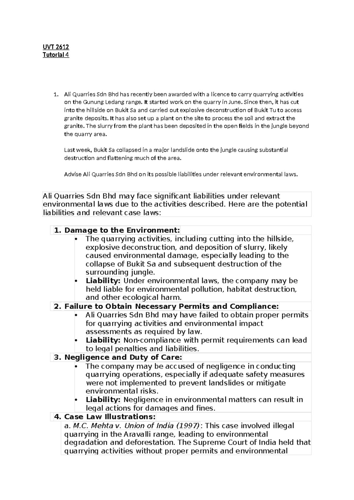 Tutorial Questions - UVT 2612 Tutorial 4 1. Ali Quarries Sdn Bhd has ...