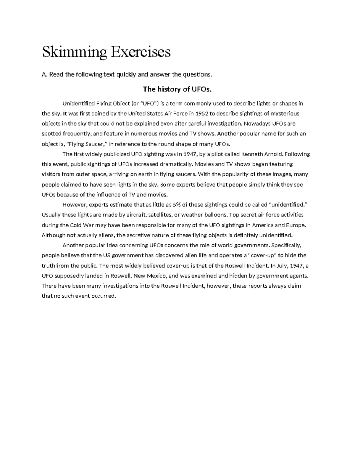 04 Skimming Exercises - detail - Skimming Exercises A. Read the ...