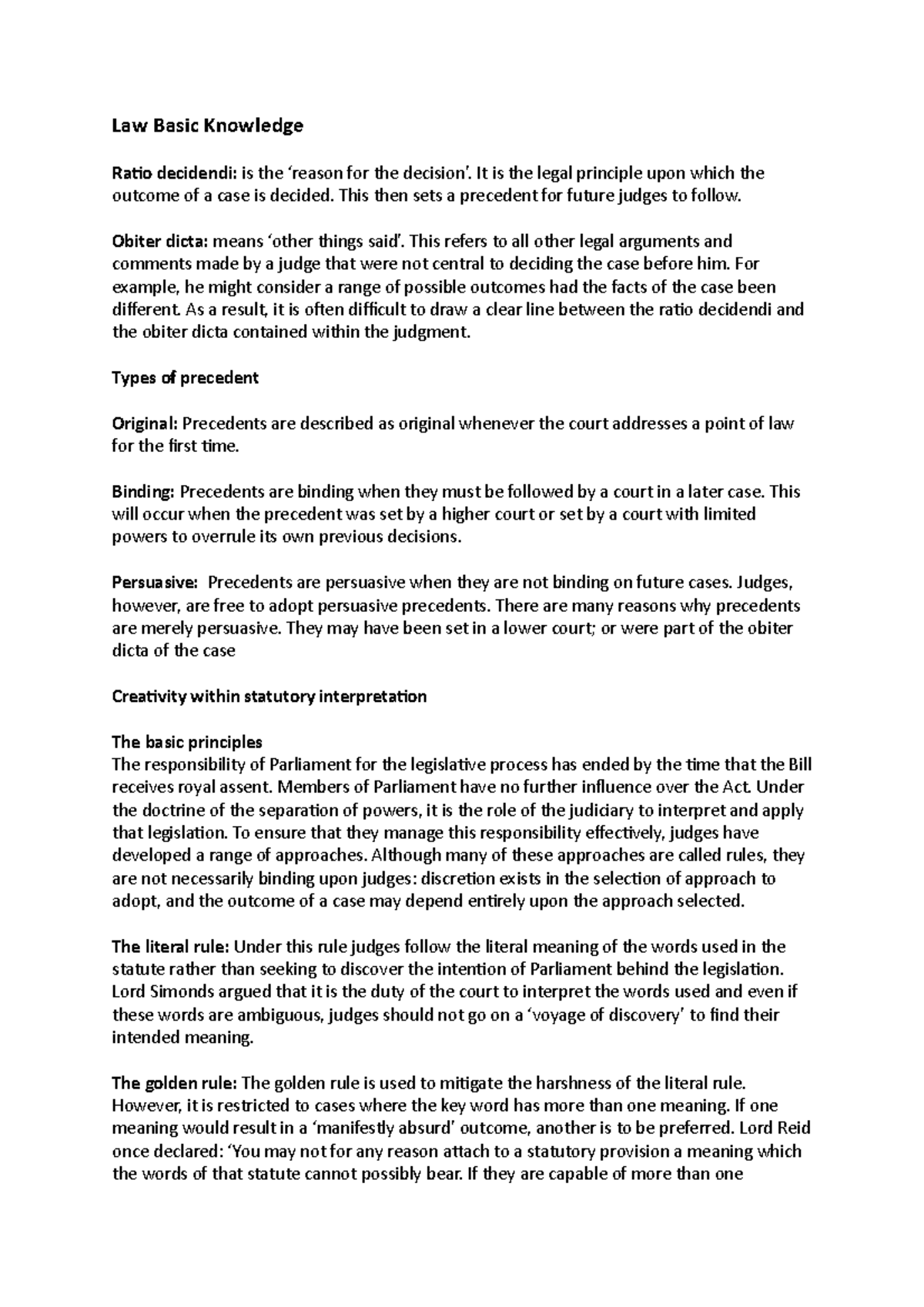 Law Basic Knowledge - Law Basic Knowledge Ratio decidendi: is the ...