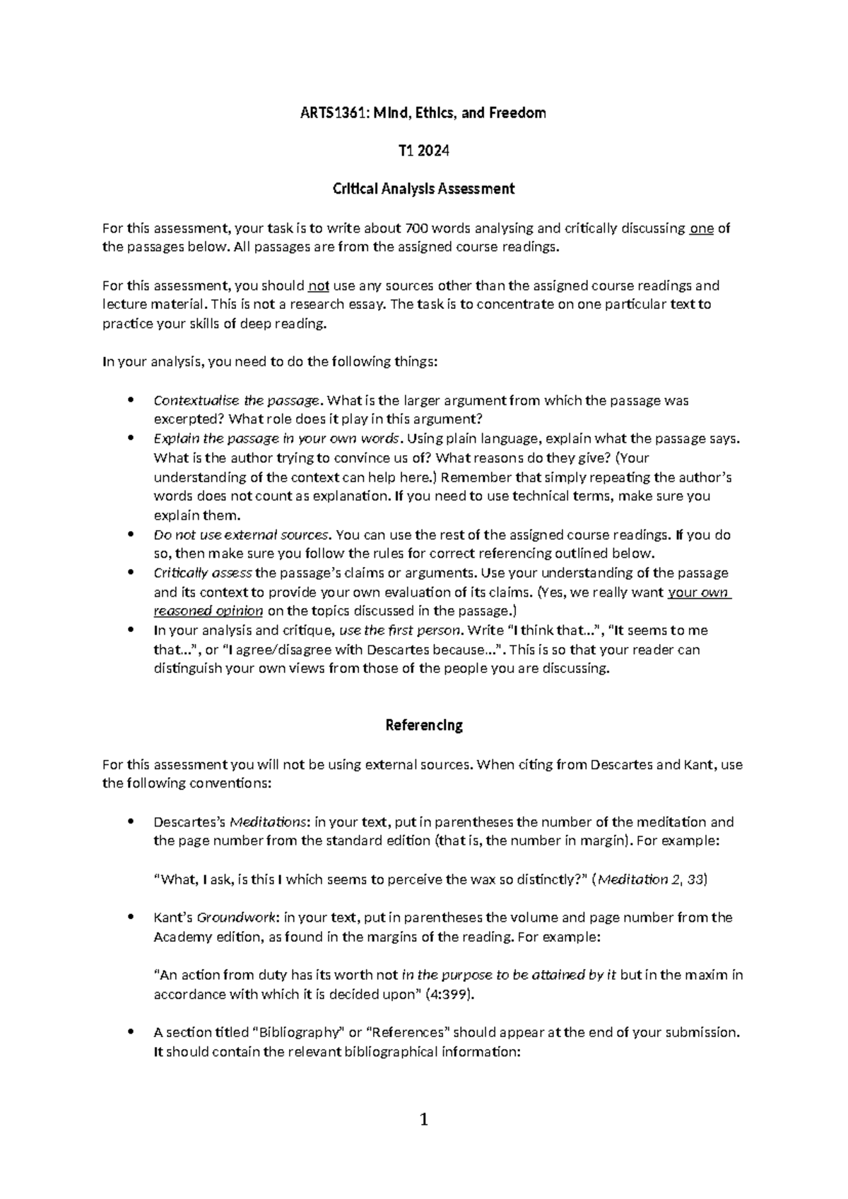 ARTS1361 Critical Analysis Assignment - ARTS1361: Mind, Ethics, and ...