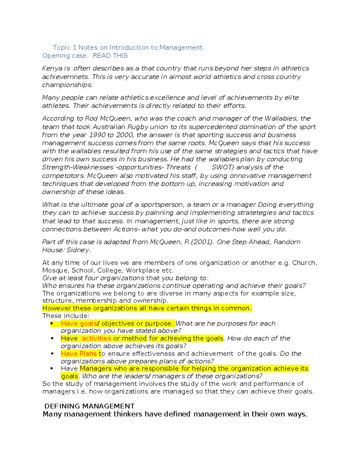 Topic 1 Notes on Introduction to Management (3) - Topic 1 Notes on ...