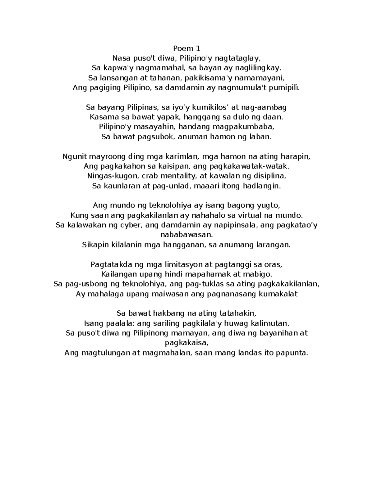 POEM - poem - Poem 1 Nasa puso't diwa, Pilipino'y nagtataglay, Sa kapwa ...