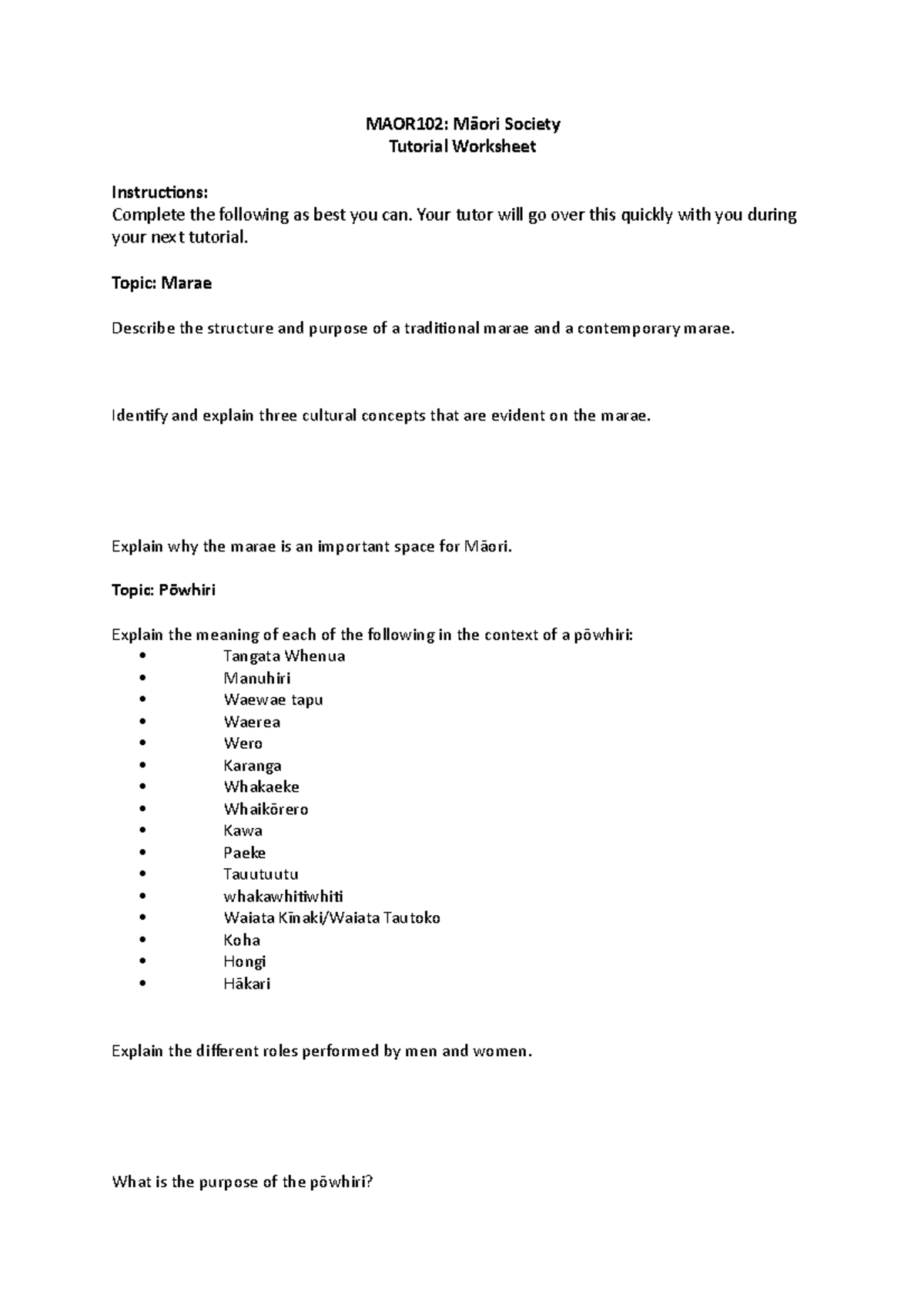 Worksheet Marae AND Powhiri - MAOR102: Māori Society Tutorial Worksheet ...