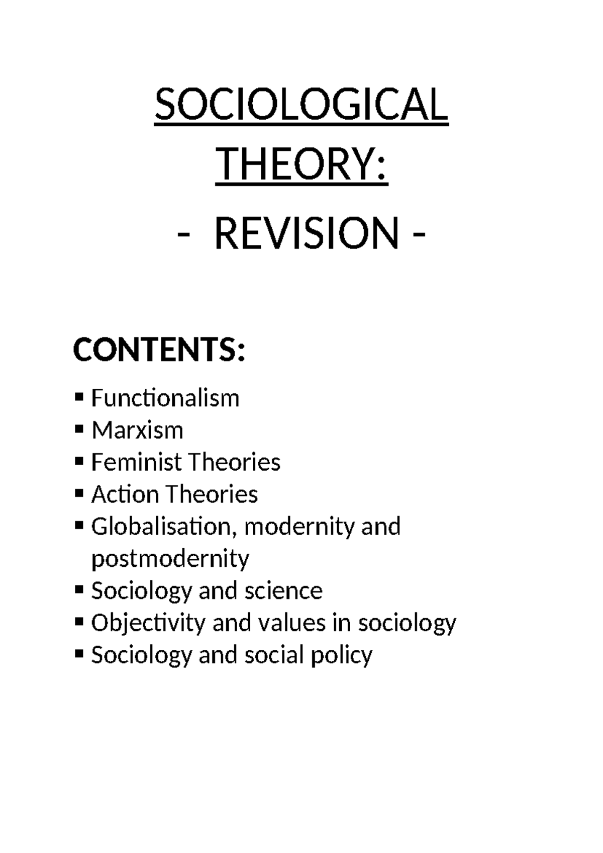 Sociological Theory Notes - SOCIOLOGICAL THEORY: - REVISION - CONTENTS ...