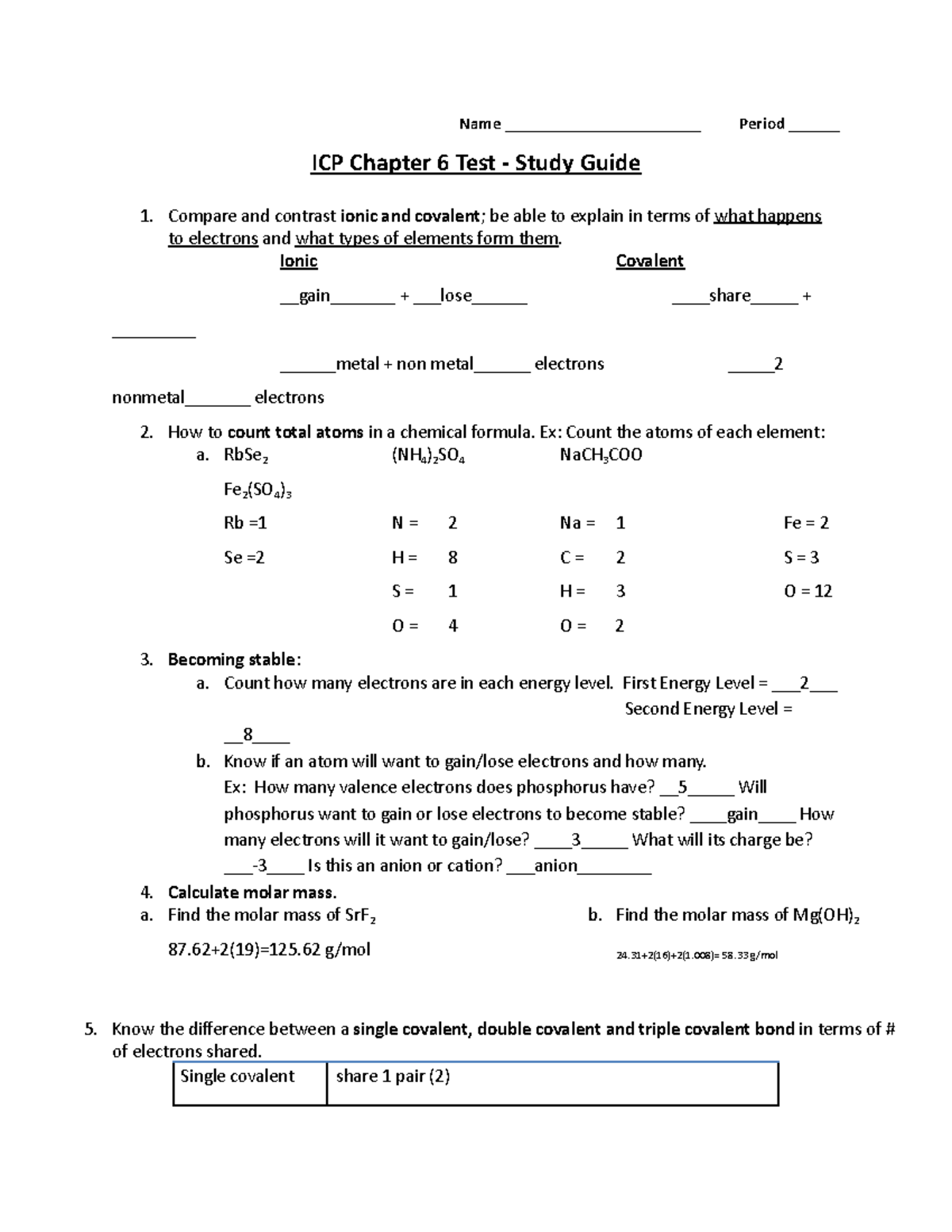 6 study guide test - Name _______________________ Period ______ ICP ...