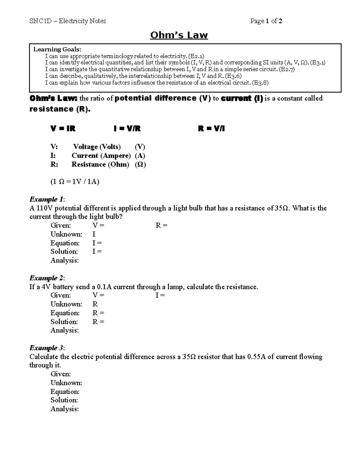 LP8-0 Ohm's Law Notes Blank - SNC1D – Electricity Notes Page 1 of 2 Ohm ...