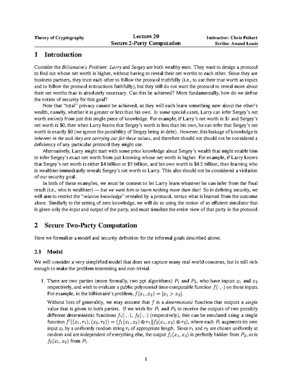 Lec20 Secure Two Party Computation Theory Of Cryptography Lecture 20 Secure 2 Party