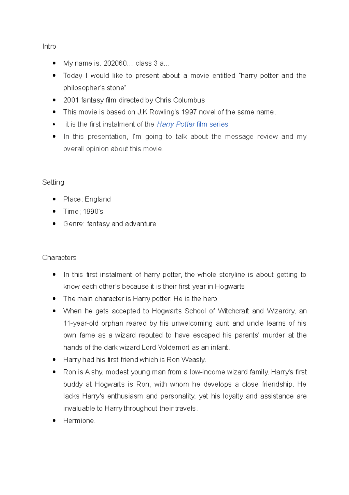 OC- Script - ABCDEFG - Intro My name is. 202060... class 3 a... Today I ...