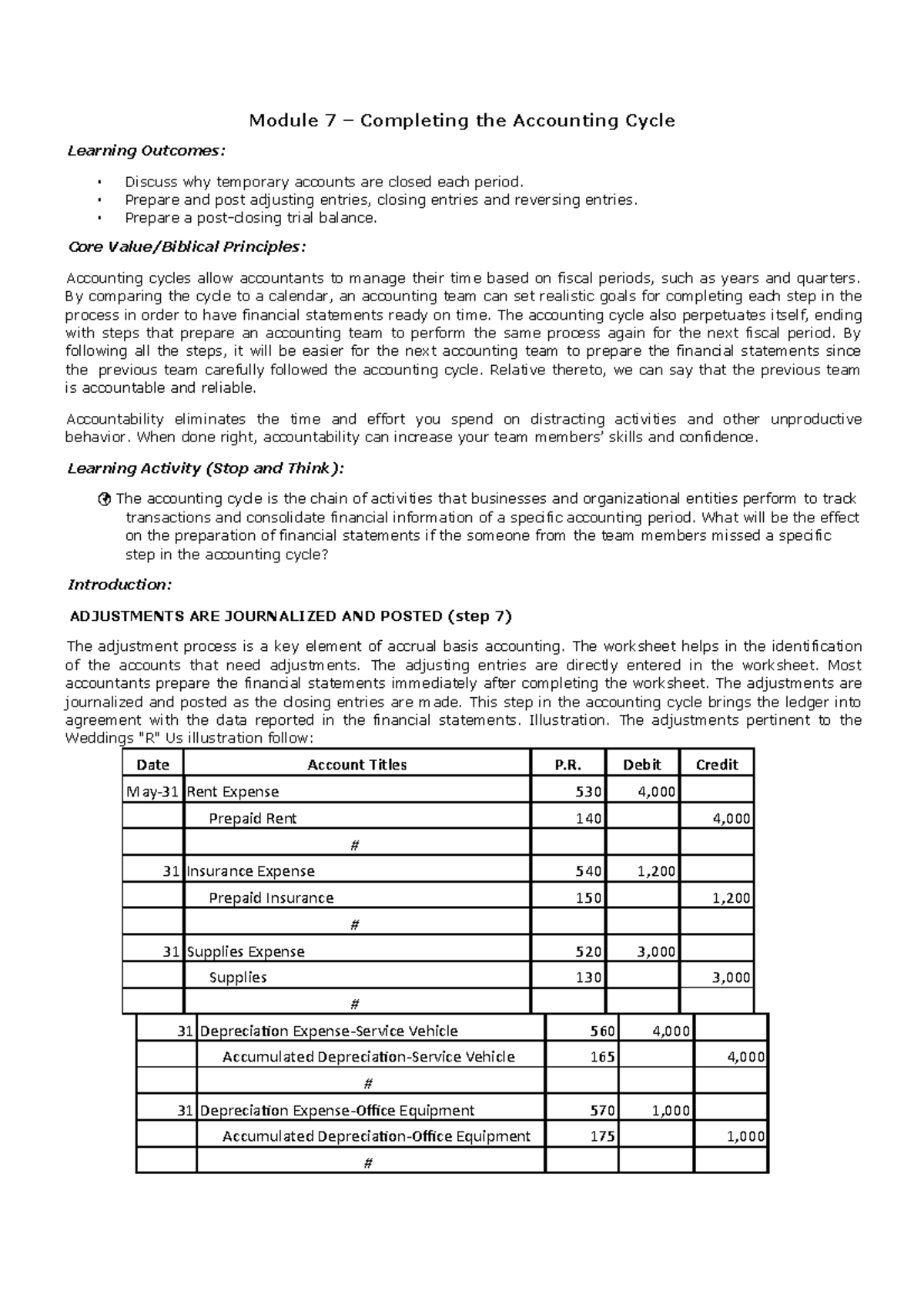 Module 9 - Completing the Accounting Cycle - Module 7 – Completing the ...