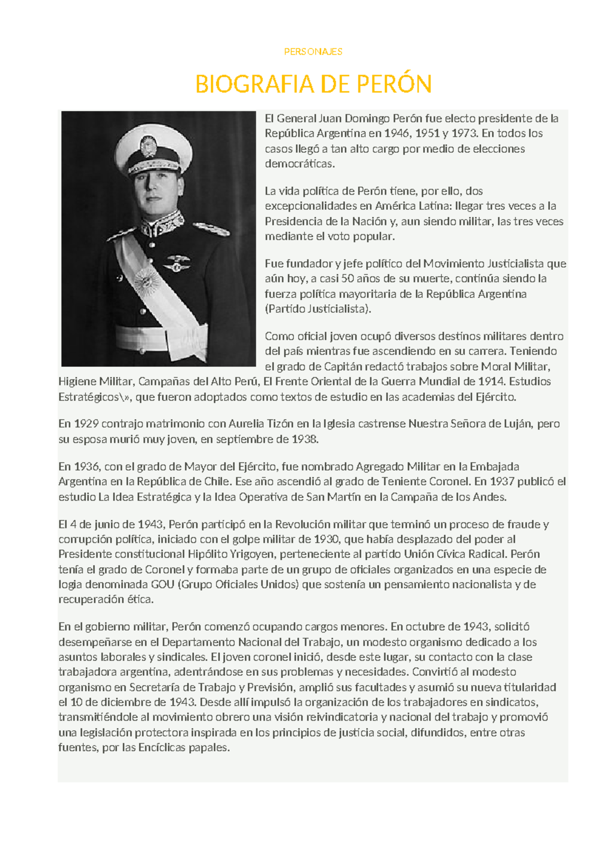 Personajes (Perón) - PERSONAJES BIOGRAFIA DE PERÓN El General Juan ...