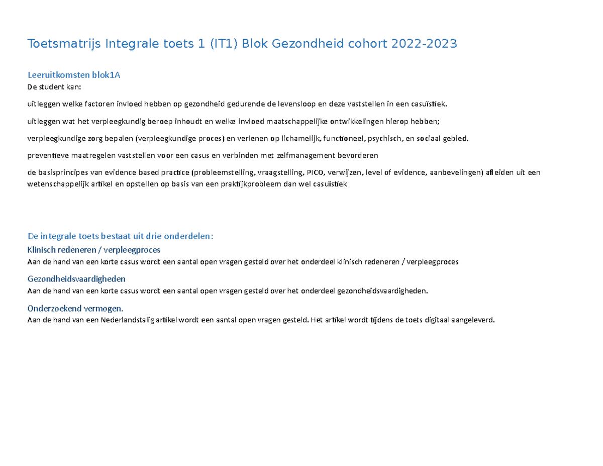 Toetsmatrijs+Integrale+Blok+Gezondheid+2022-2023 - Toetsmatrijs ...