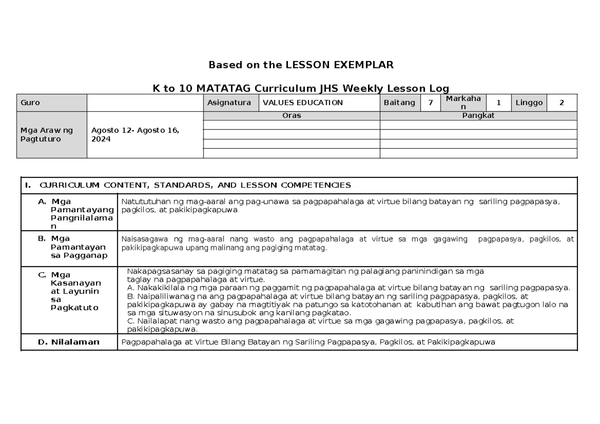 Week3 Lesson Plan VE7 - Based on the LESSON EXEMPLAR K to 10 MATATAG ...