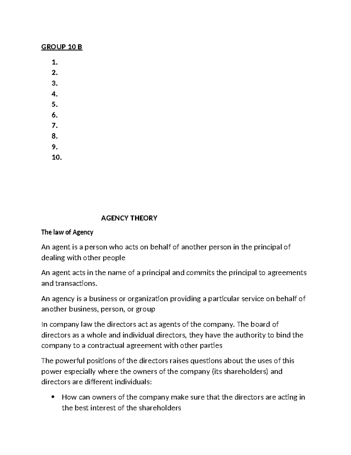 LAW - FOR SUP - GROUP 10 B 1. 2. 3. 4. 5. 6. 7. 8. 9. 10. AGENCY THEORY ...