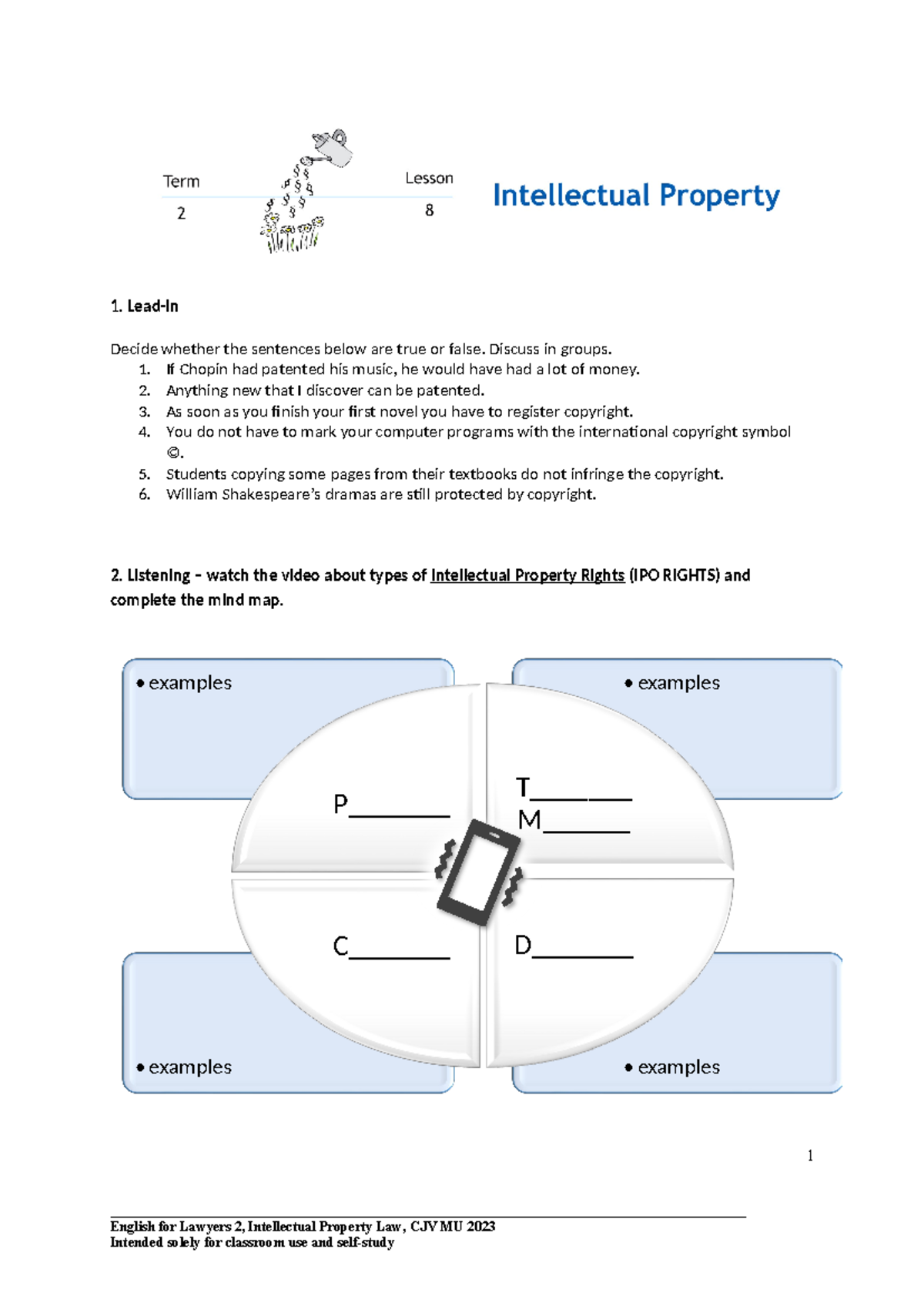 Lesson 08 Intellectual Property Law - 1. Lead-in Decide whether the ...