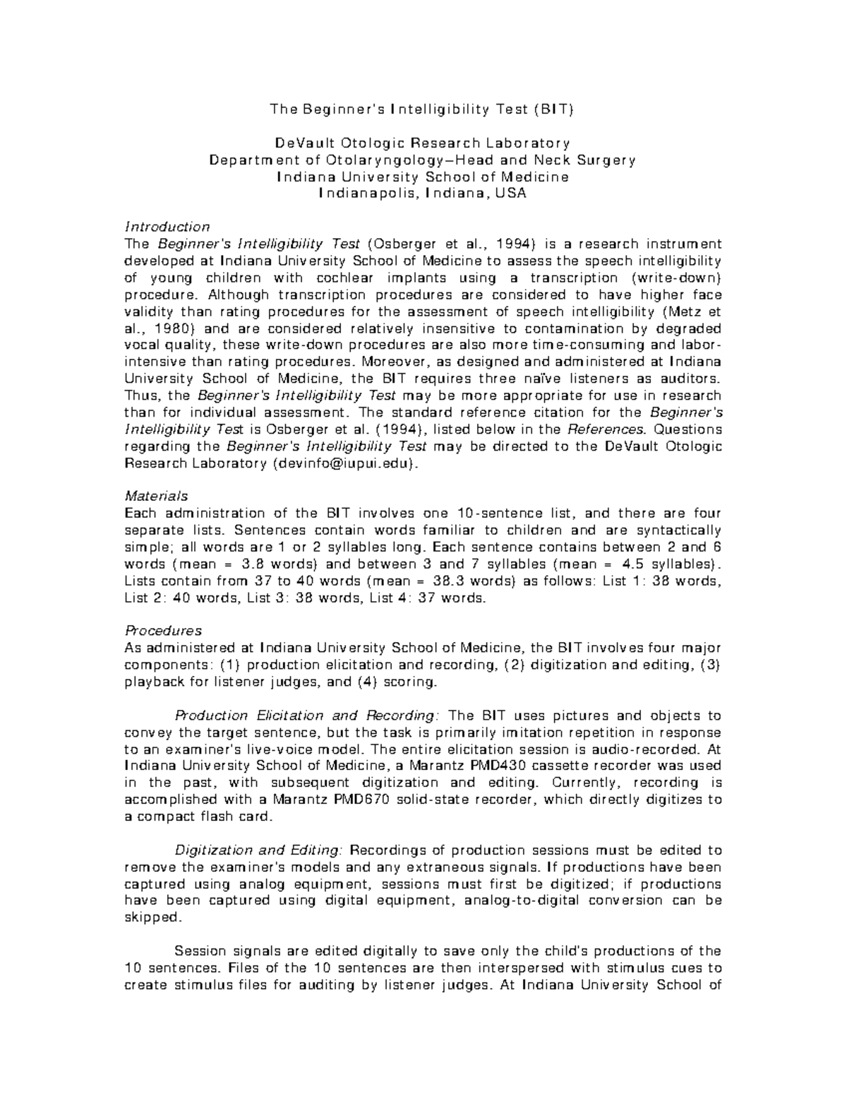 BIT - The Beginner’s Intelligibility Test (BIT) DeVault Otologic ...