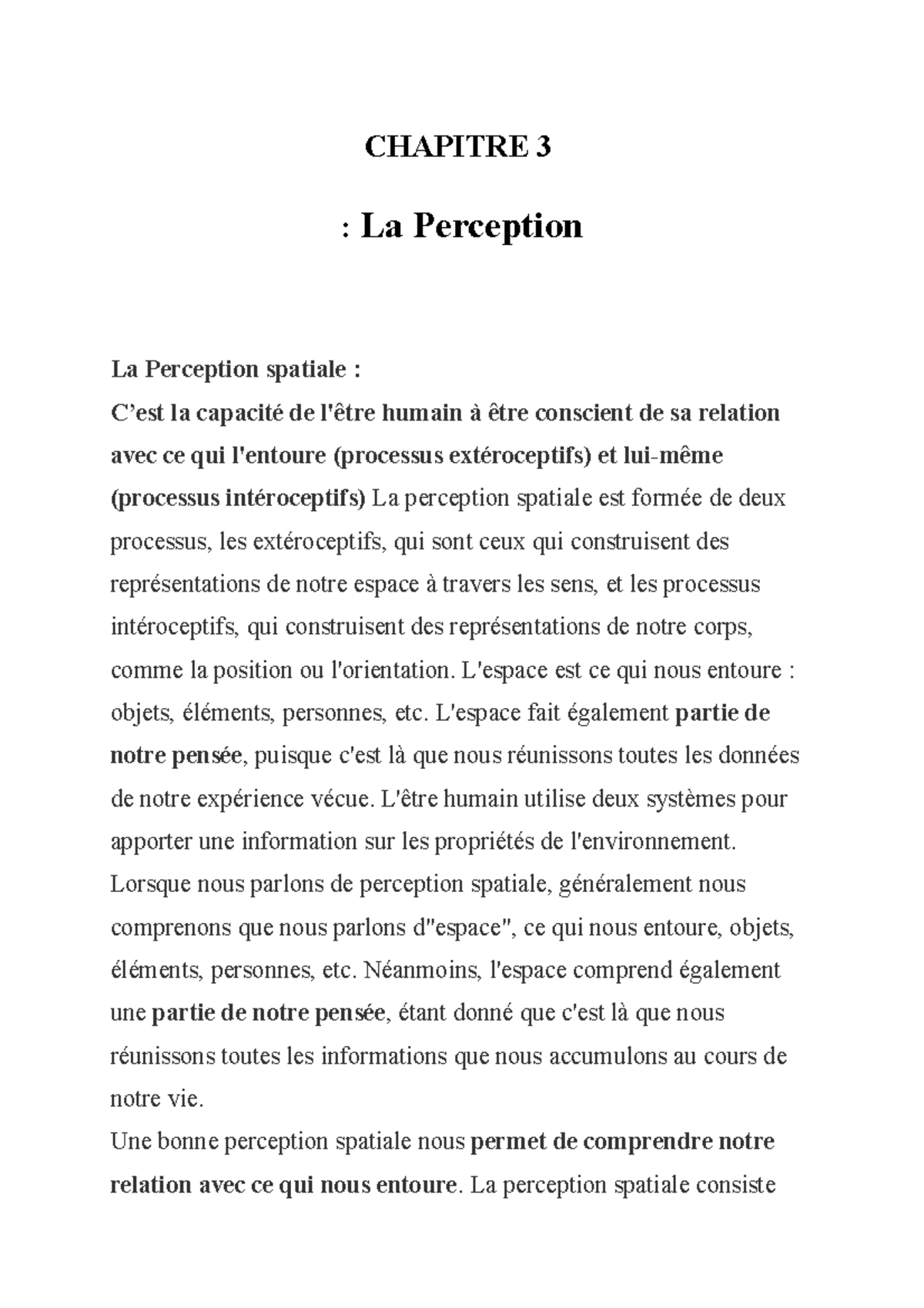 Chapitre-3 - CHAPITRE 3 : La Perception La Perception spatiale : C’est ...