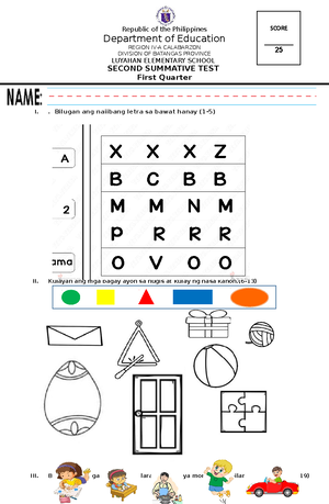 Q1 First Assesment - kindergarten exam - Republic of the Philippines ...