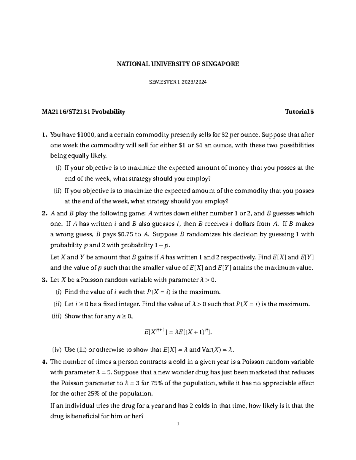 Probability-Tutorial 05 - NATIONAL UNIVERSITY OF SINGAPORE SEMESTER I ...