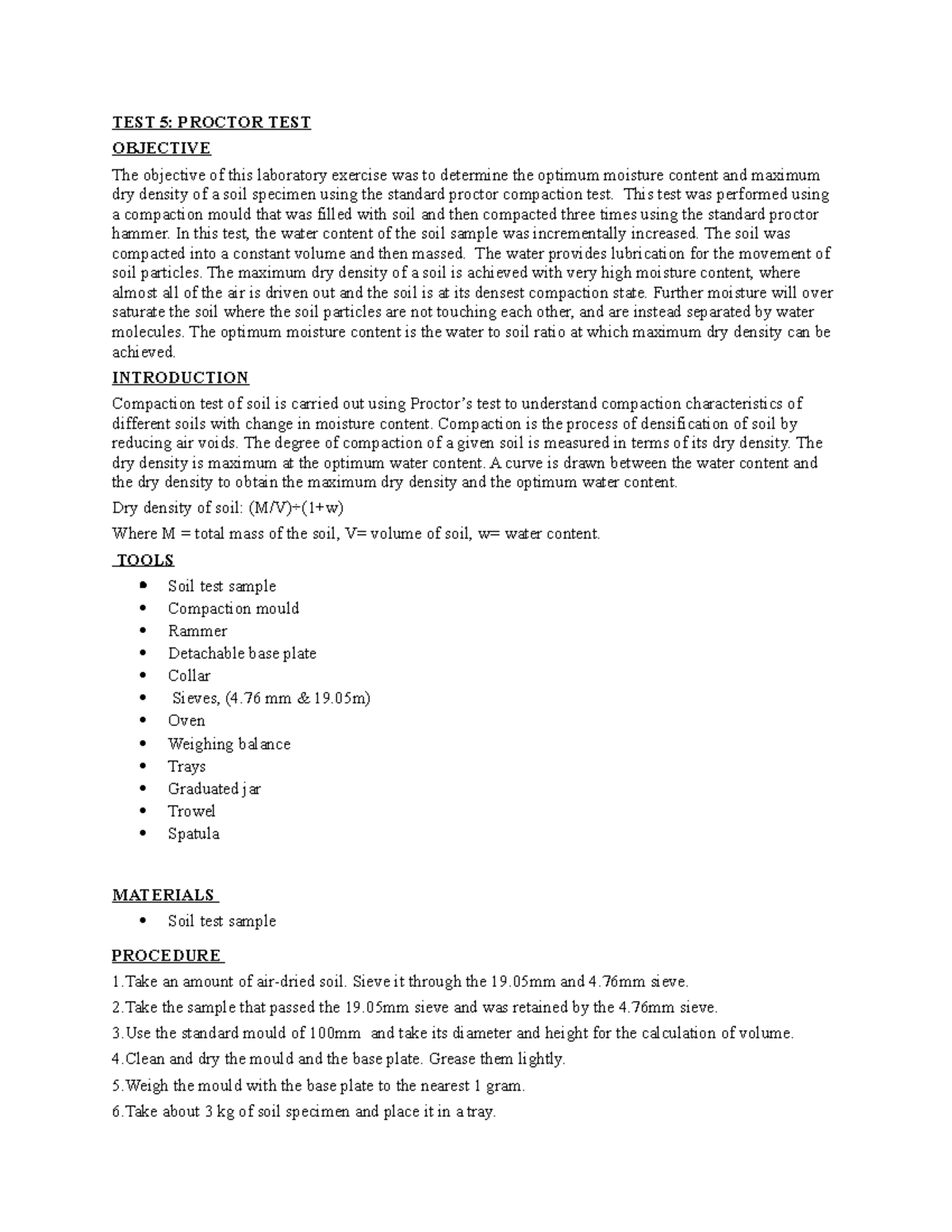 Proctor test grp 2 - TEST 5: PROCTOR TEST OBJECTIVE The objective of ...