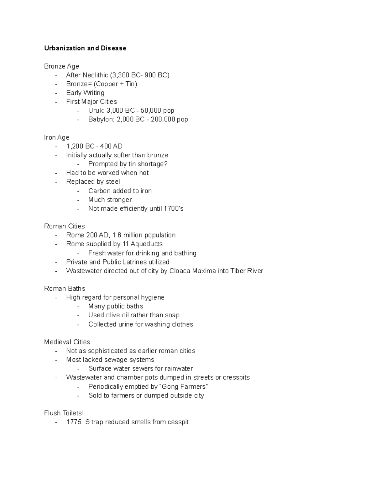Plpa Week 4 Lecutre Notes Urbanization And Disease Bronze Age After Neolithic 3 300 900 Bc
