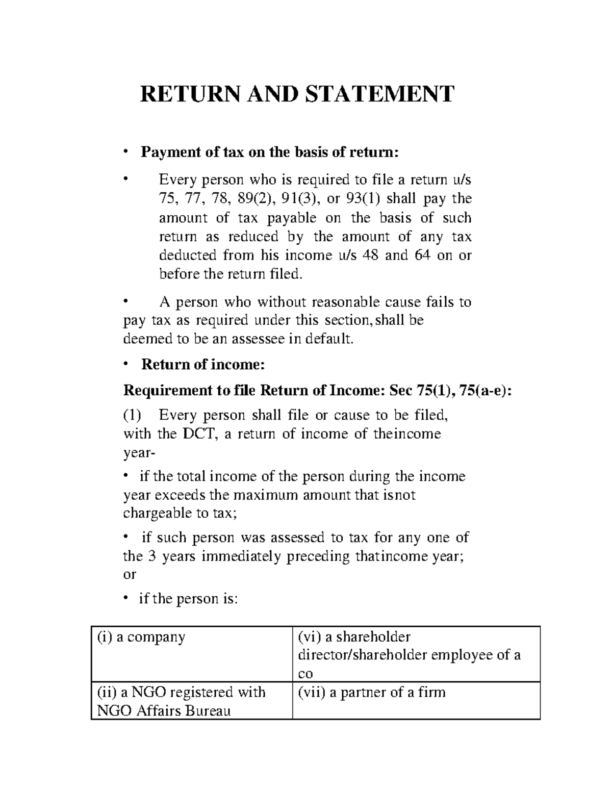 Return AND Statement - RETURN AND STATEMENT Payment of tax on the basis ...