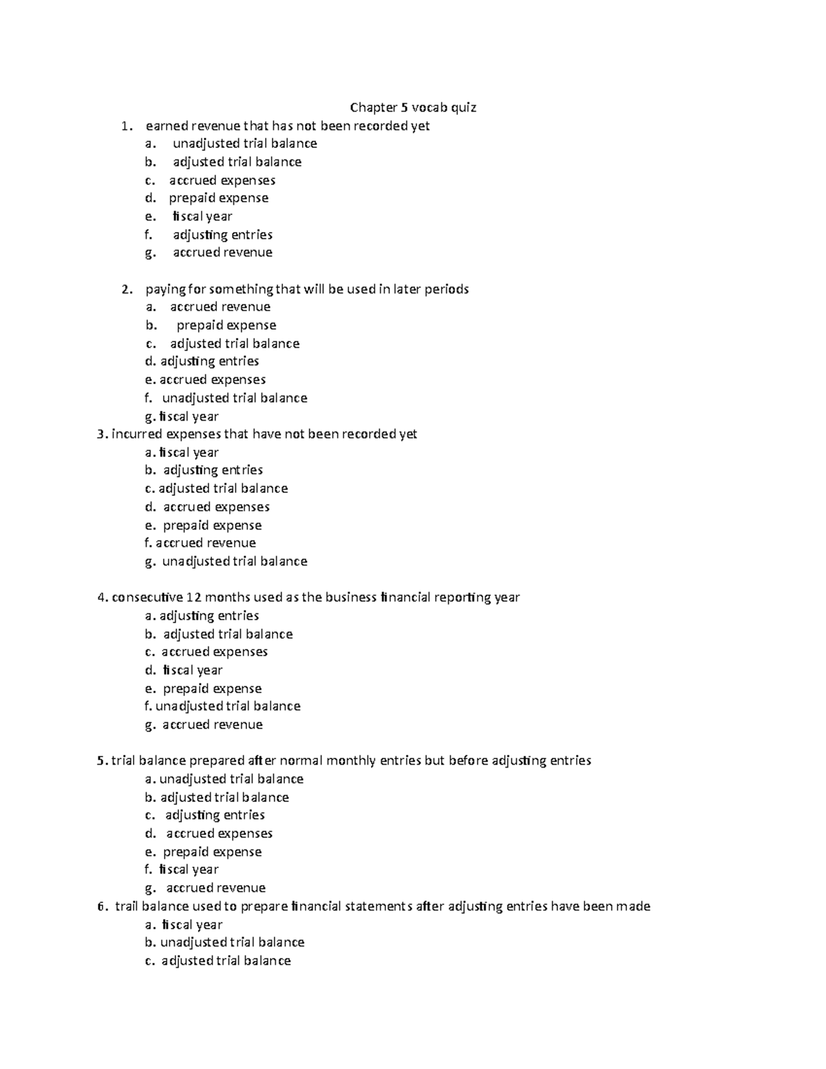 Chapter 5: The Accounting Cycle: Adjustments- vocabulary quiz solutions ...