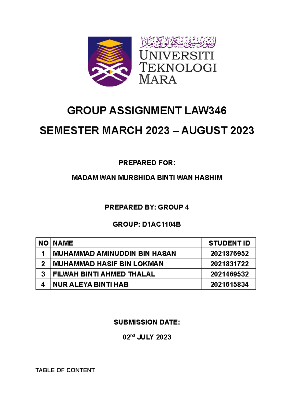 Assignment LAW346 case study - GROUP ASSIGNMENT LAW SEMESTER MARCH 2023 ...
