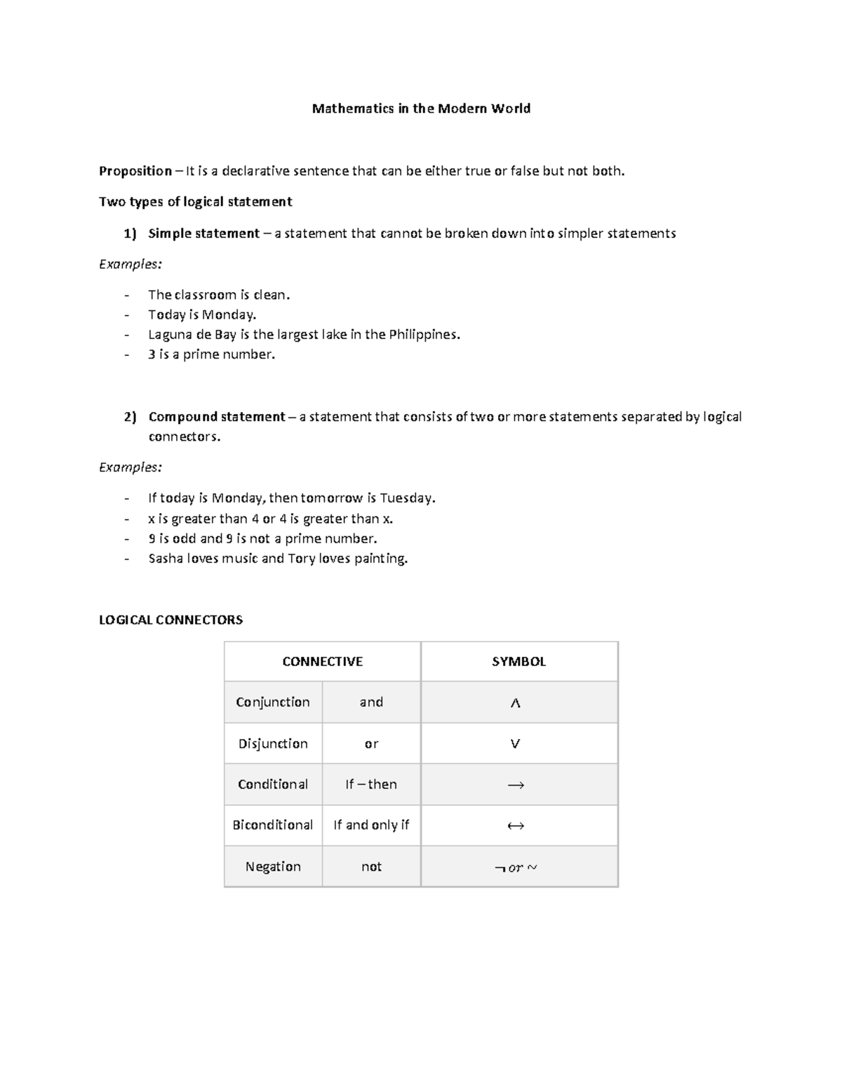 Simple and Compound Statements - Mathematics in the Modern World ...