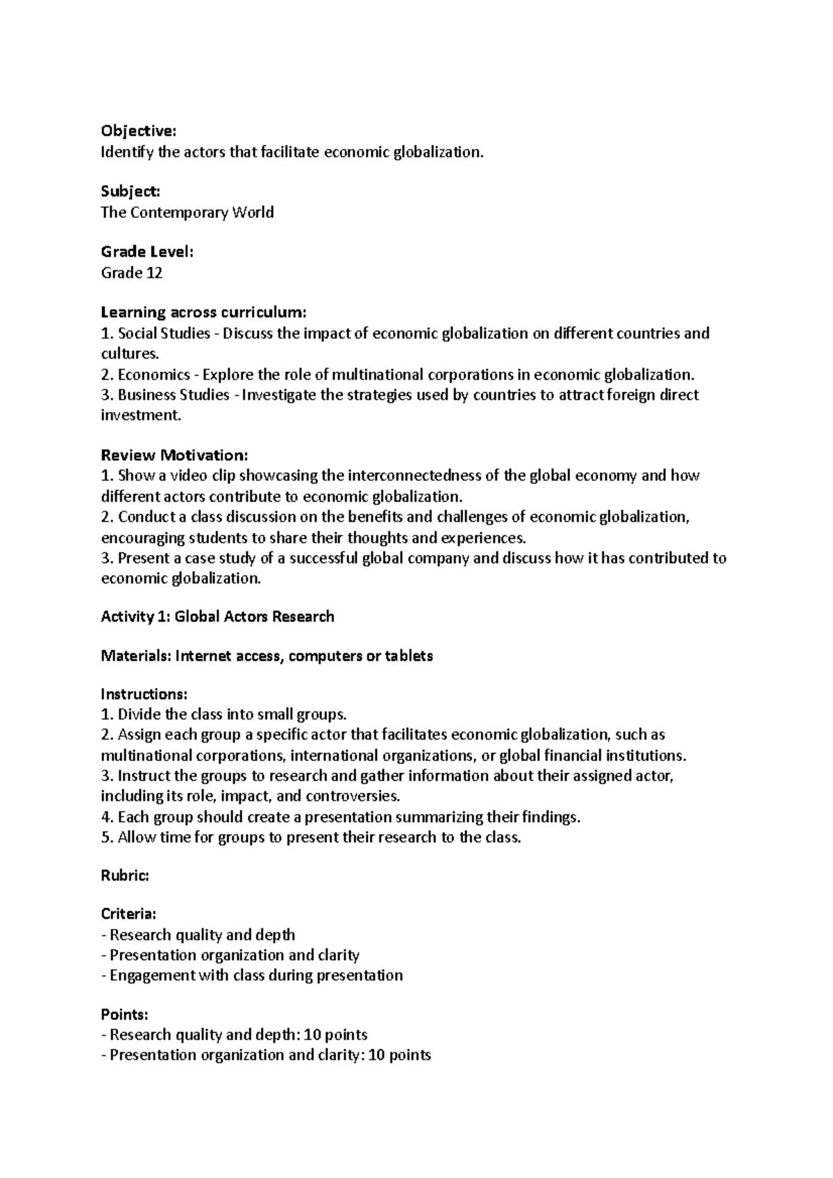 Lesson plan - Glboalozatyio - Objective: Identify the actors that ...