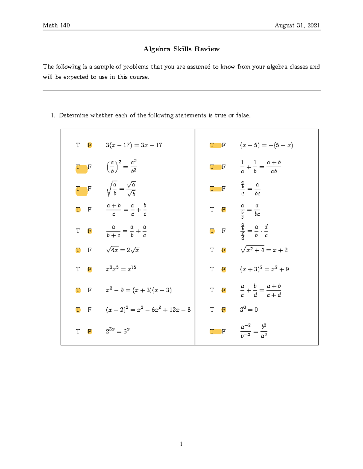 Algreview Problems for Calculus 1 - Math 140 August 31, 2021 Algebra ...