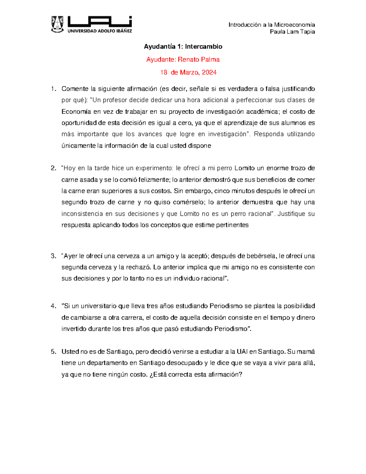 Ayudantía 1 - Introducción (Enunciado) - Introducción a la Microeconomía Paula Lam Tapia ...